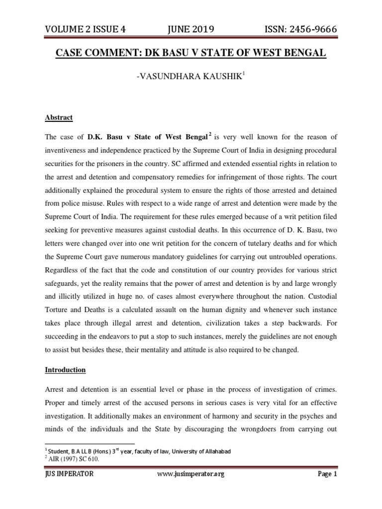 Case Comment: DK Basu V State of West Bengal: Volume 2 Issue 4 JUNE ...