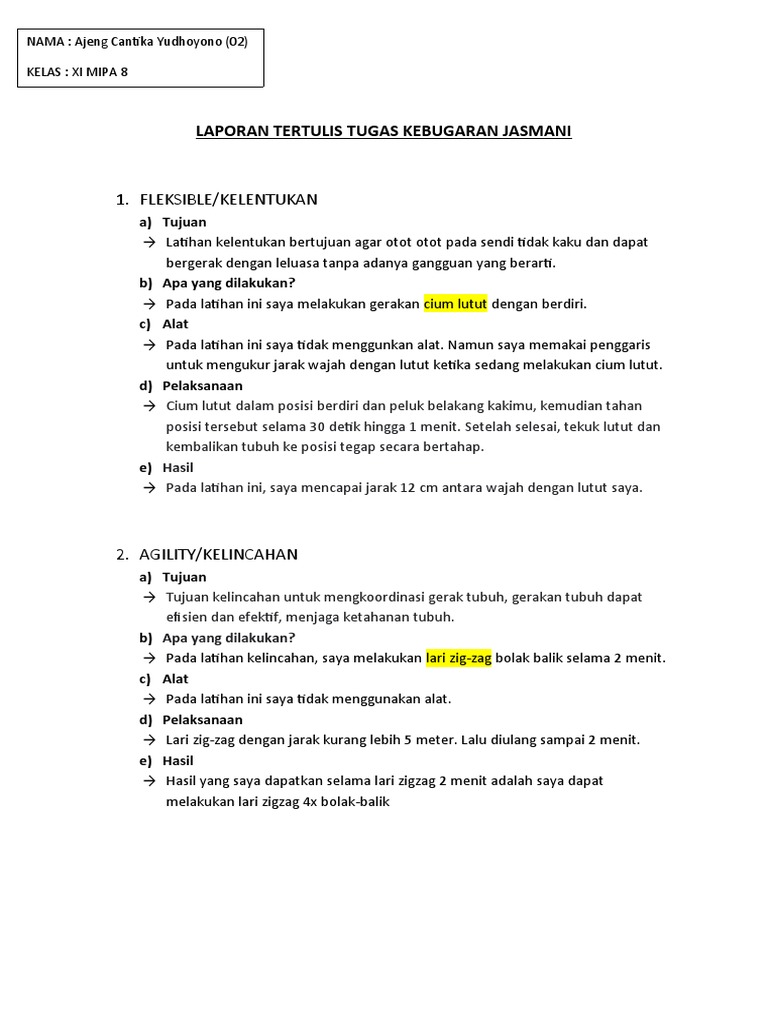 LAPORAN TERTULIS TUGAS KEBUGARAN JASMANI. AjengCantikaXIA8 | PDF
