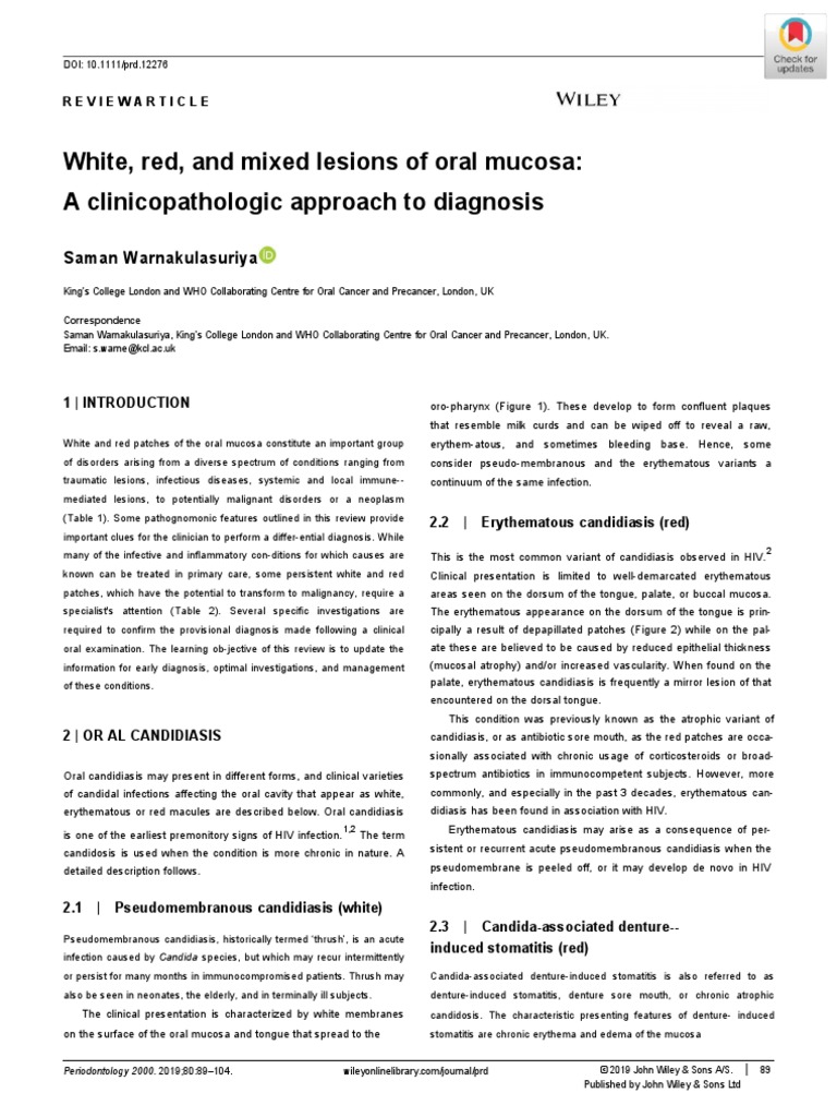 White, Red, and Mixed Lesions of Oral Mucosa A Clinicopathologic ...