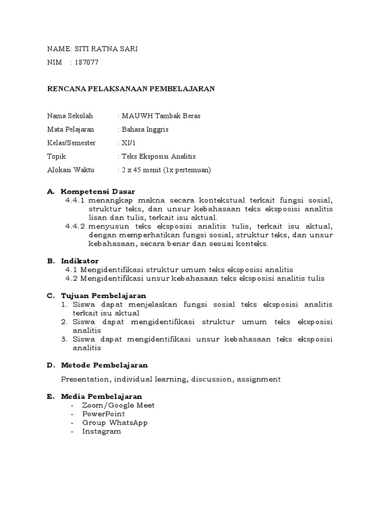 Uas Lesson Plan Siti Ratna Sari 187077 Pdf Cognitive Science