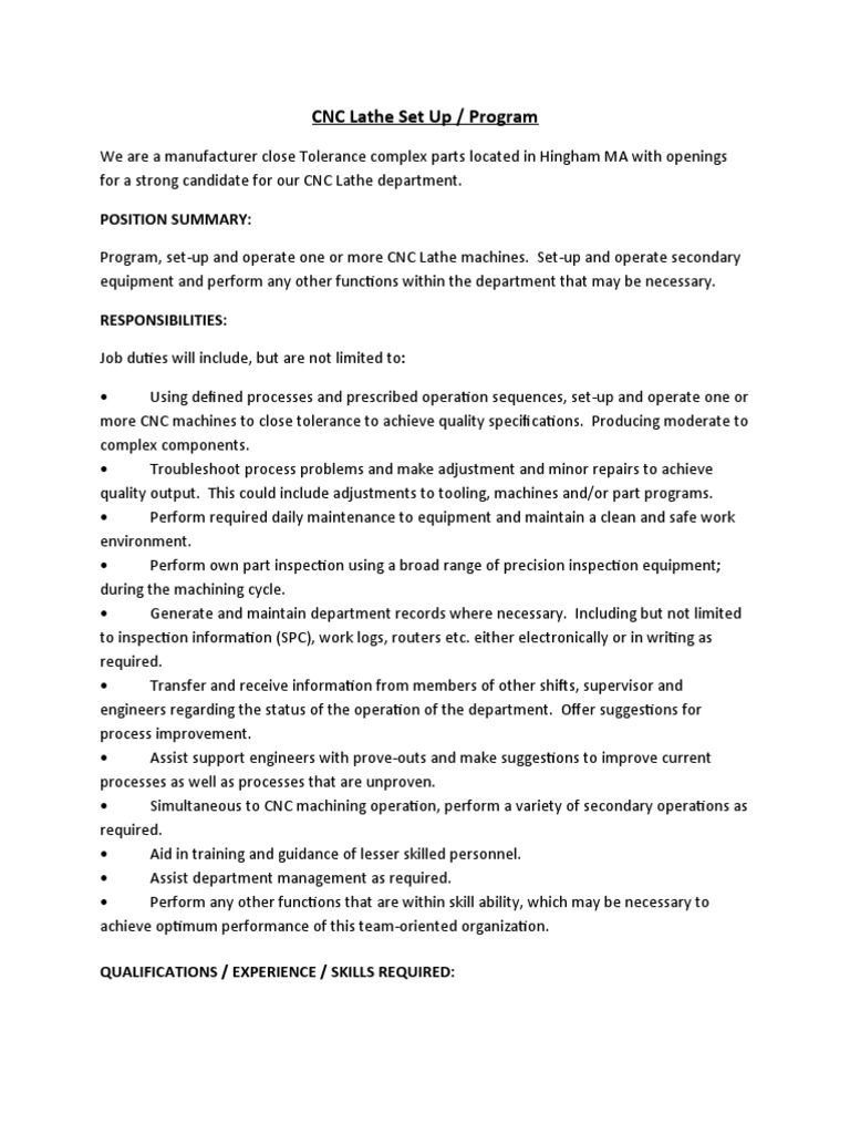CNC Lathe Set Up / Program: Position Summary | PDF | Numerical Control ...