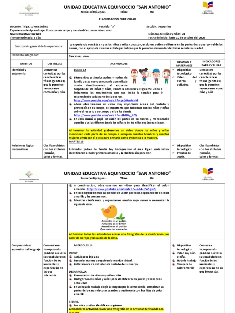 PLANIFICACIÓN SEMANA 12 Al 16 OCTUBRE | PDF | Color | Ropa