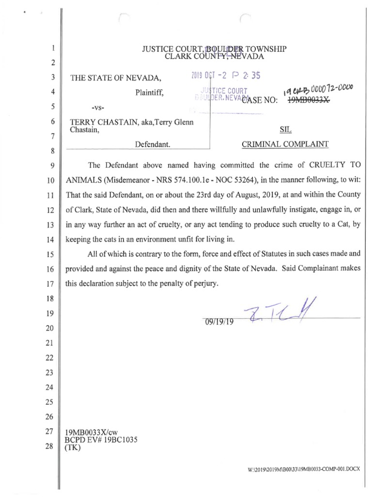 Terry Chastain Criminal Complaint | PDF