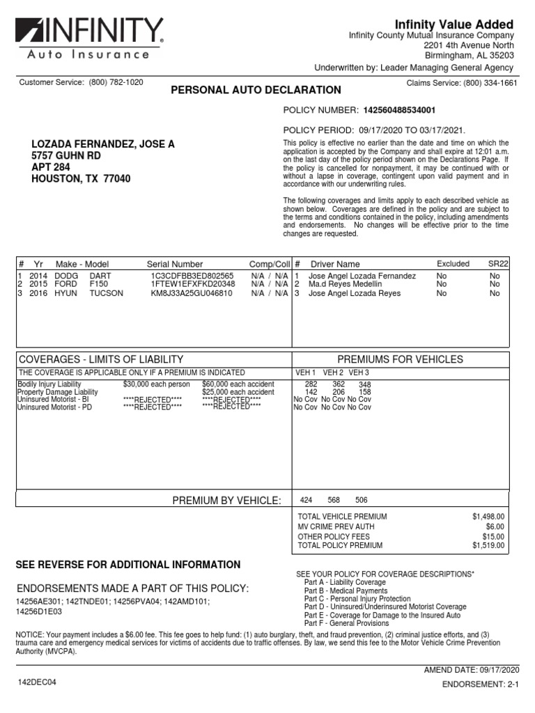 Personal Auto Declaration: Infinity Value Added | Download Free PDF ...