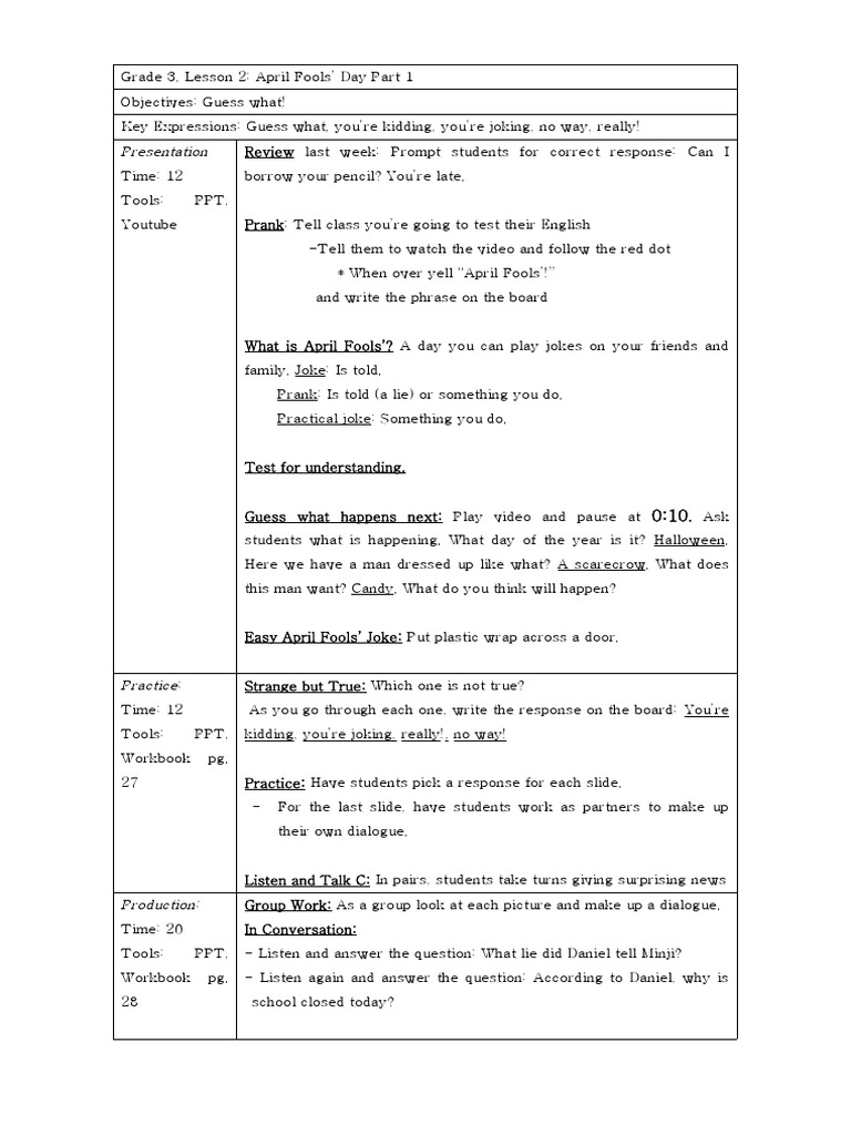 Grade 3 Lesson 2 - April Fools' Day Tricks Lesson Plan | PDF | Language ...