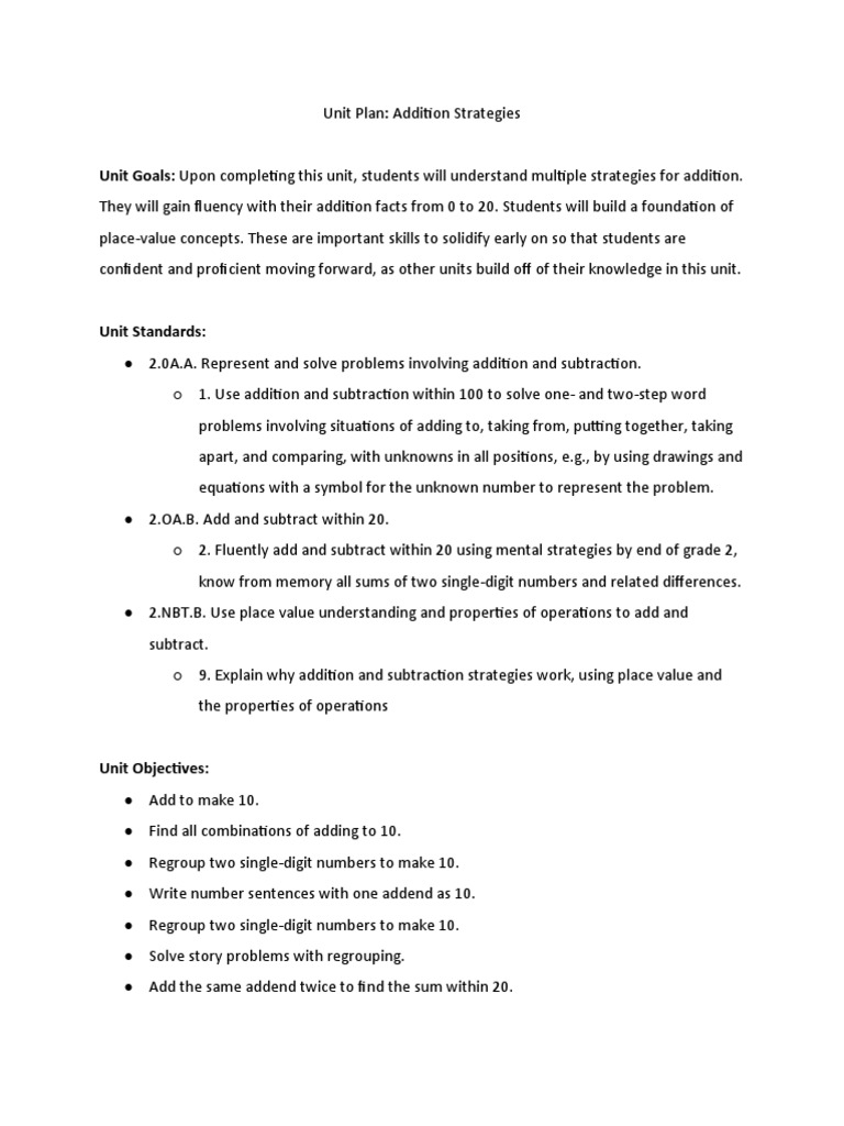 Addition Strategies Unit Plan for 2nd Graders | PDF | Subtraction ...