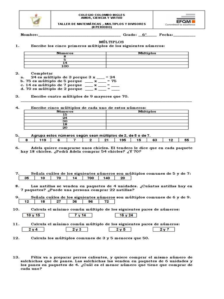 Taller+de+Matemáticas+ +Multiplos+y+Divisores+ (II+Período) | PDF ...