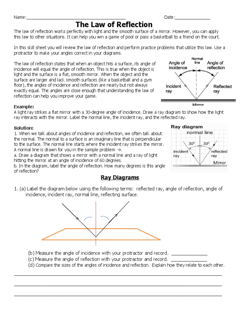 04 Reflected Ray Worksheet | PDF | Reflection (Physics) | Mirror