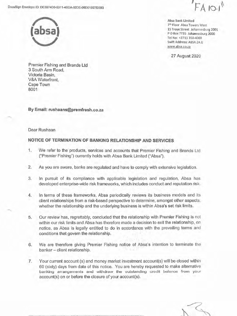 Absa Letter To Premier Terminating Services | PDF