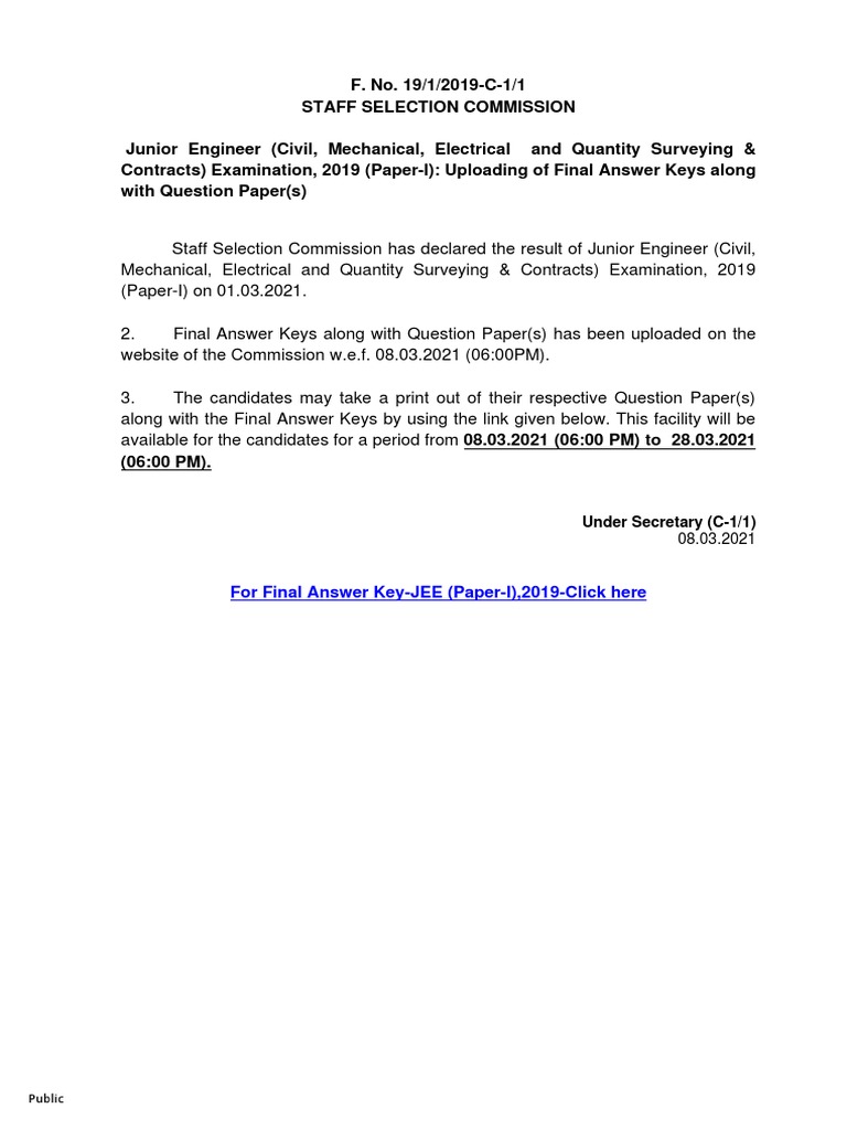 F. No. 19/1/2019-C-1/1 Staff Selection Commission: For Final Answer Key ...