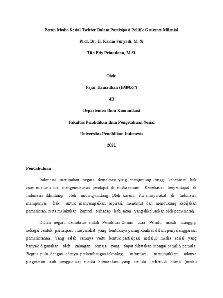 Peran Media Sosial Twitter Dalam Partisipasi Politik Generasi Milenial | PDF
