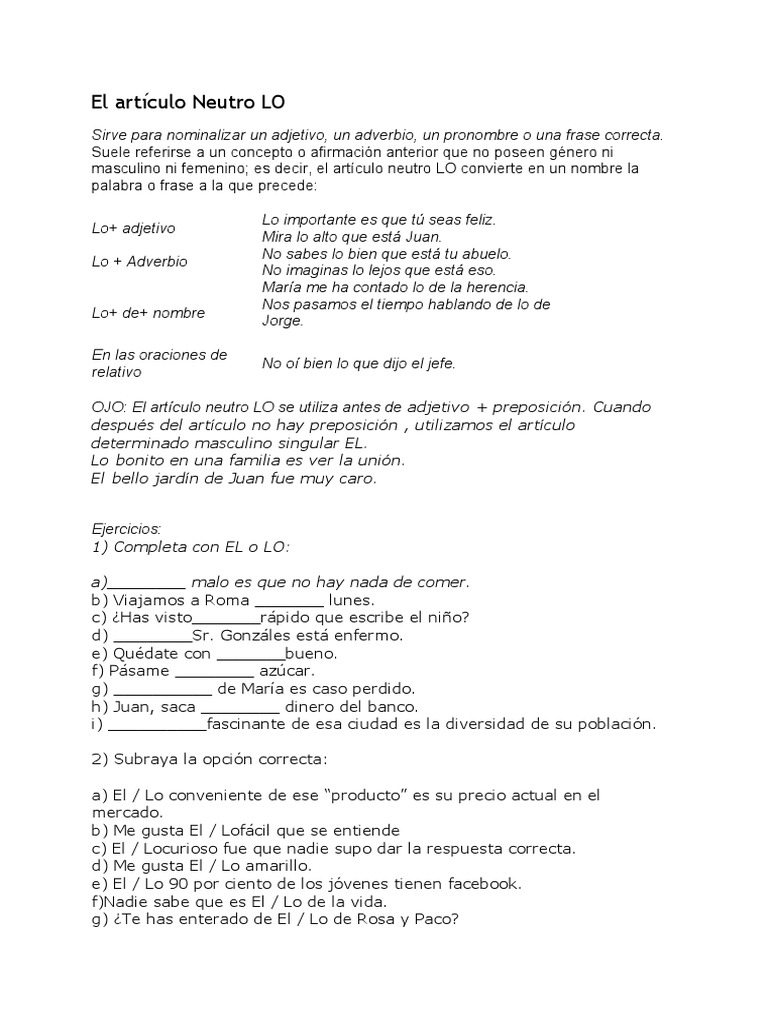 El Artículo Neutro | PDF | Adverbio | Adjetivo