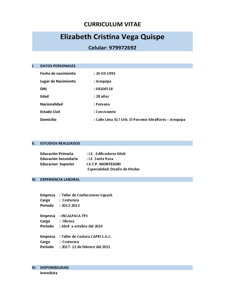 Curriculum Vitae. Elizabeth | PDF