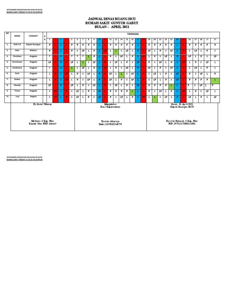Jadwal Dinas Ruang Hcu Bulan April 2021 | PDF