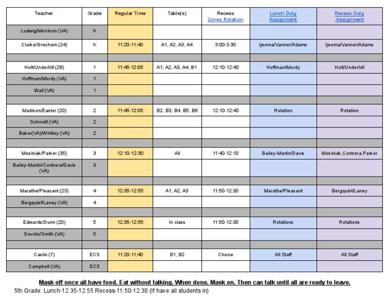 20-21 Regular Lunch Recess Schedule | PDF