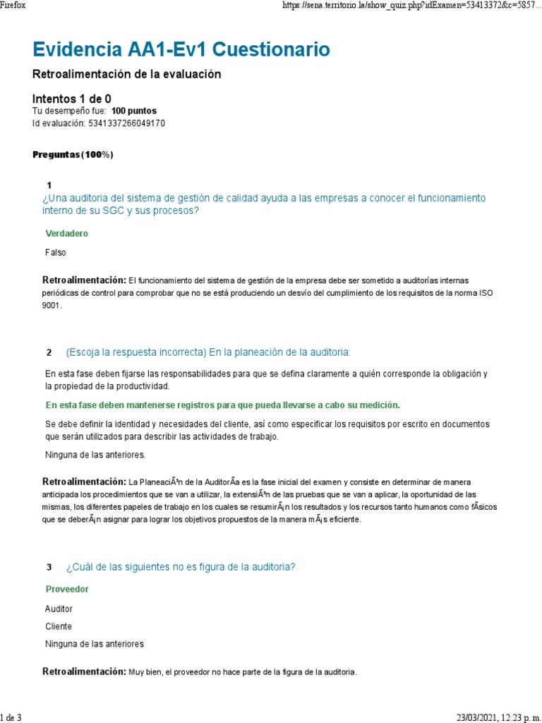 Evidencia AA1-Ev1 Cuestionario | PDF | Auditoría | Gestión de la calidad