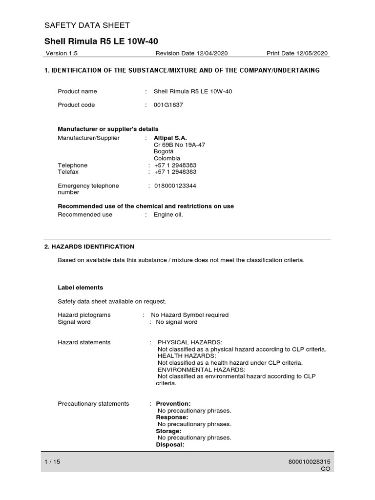 SAFETY DATA SHEET Shell Rimula R5 LE 10W-40.P | Download Free PDF ...
