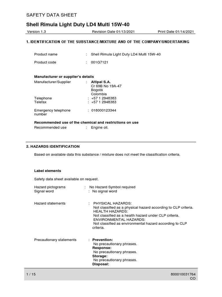 SAFETY DATA SHEET Shell Rimula Light Duty LD4 Multi 15W-40 | PDF ...