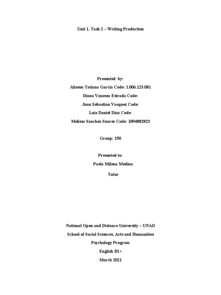 Unit 1. Task 2. Writing Production - G 250 | PDF | Social Science