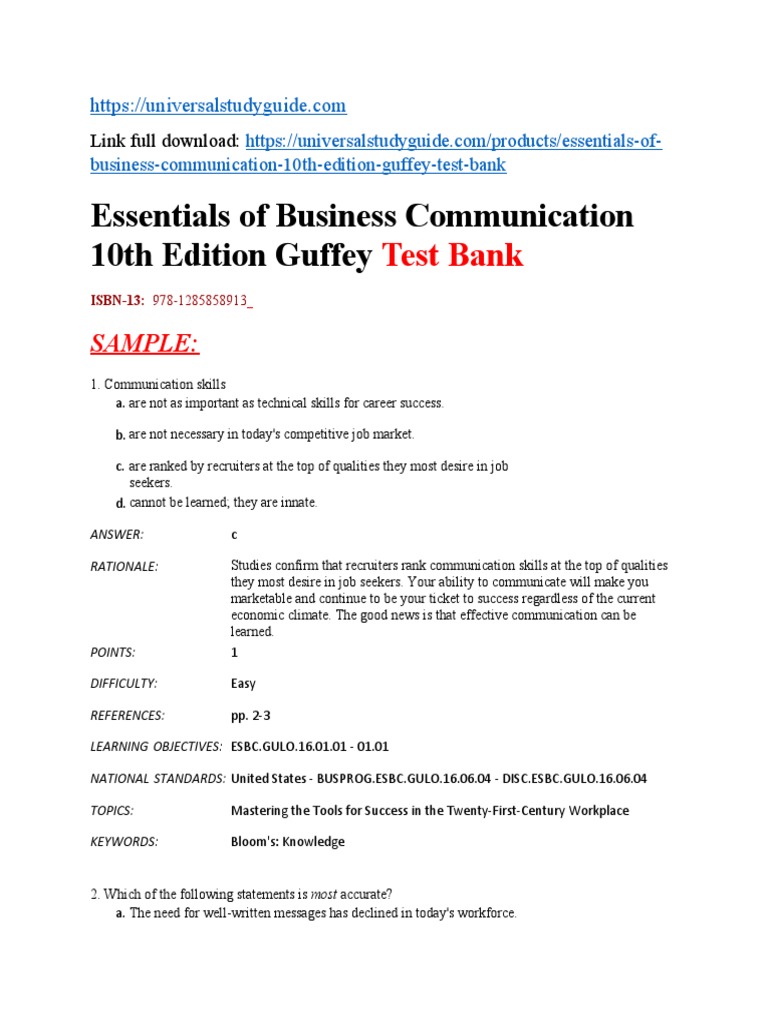 Guffey's Business Communication Test Bank | PDF | Telecommuting | Learning