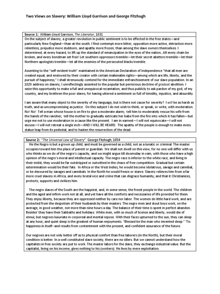 Two Views On Slavery: William Lloyd Garrison and George Fitzhugh | PDF ...