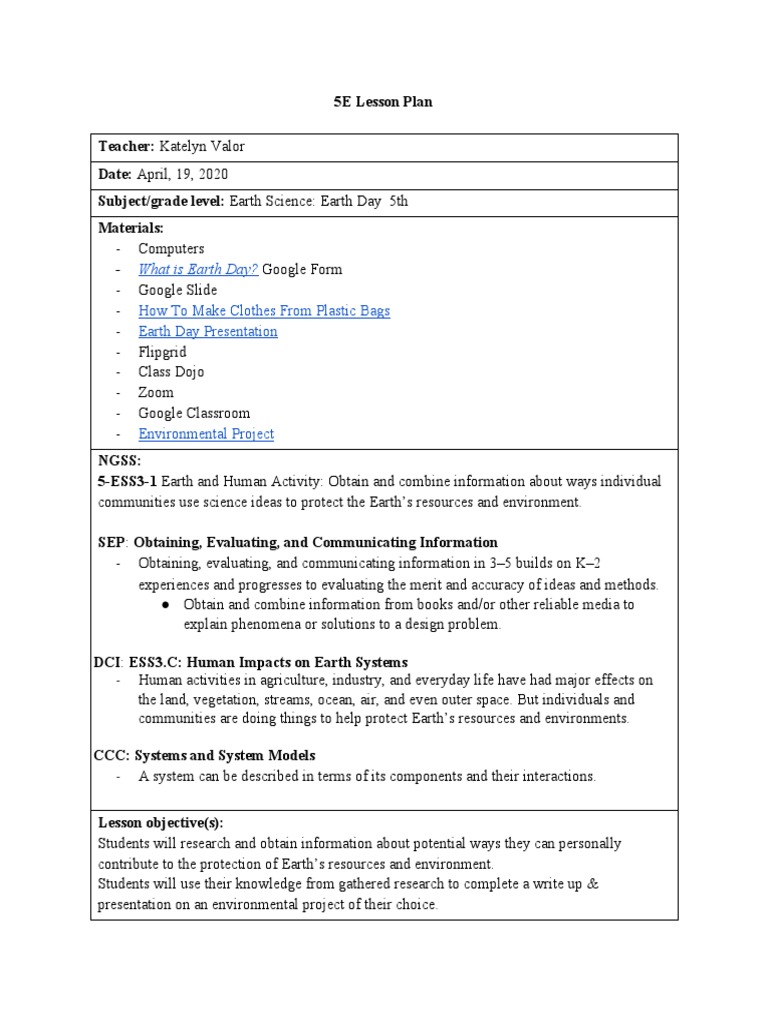 Earth Day 5E Lesson Plan for Grade 5 | PDF | Lesson Plan | Recycling