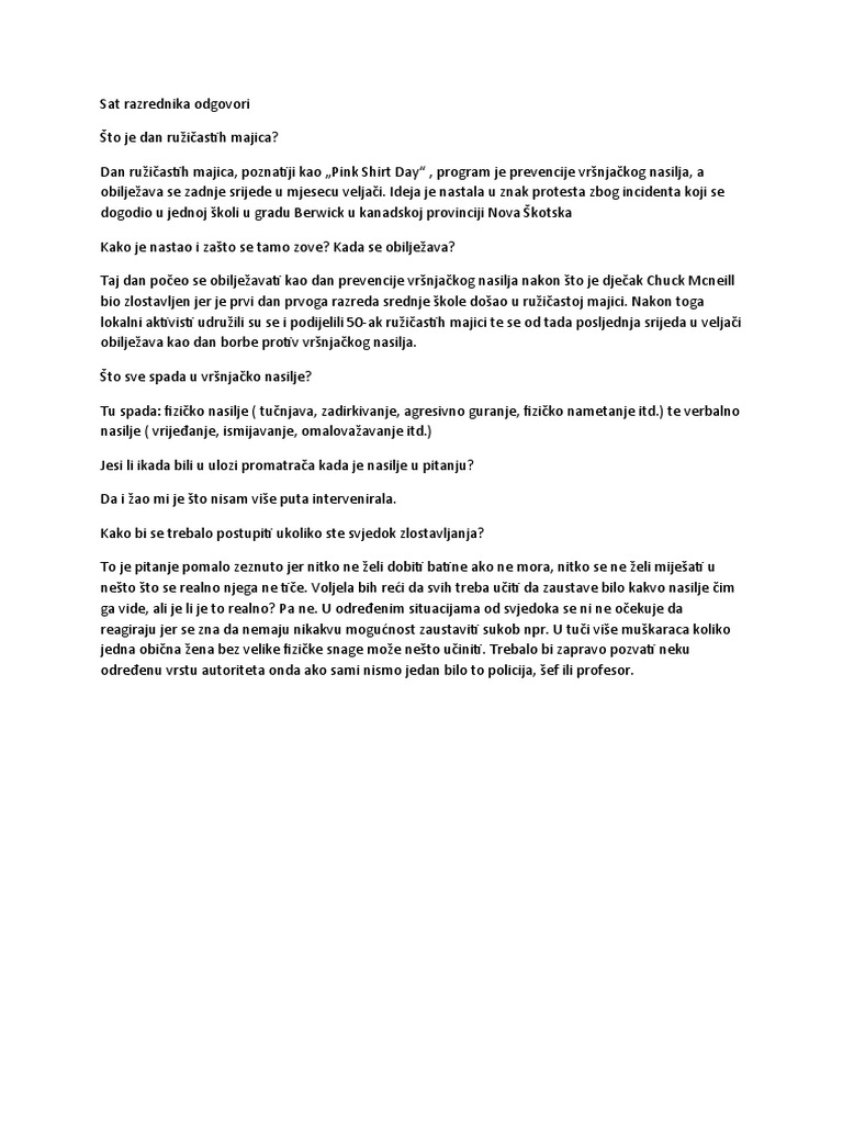 Sat Razrednika Odgovori | PDF