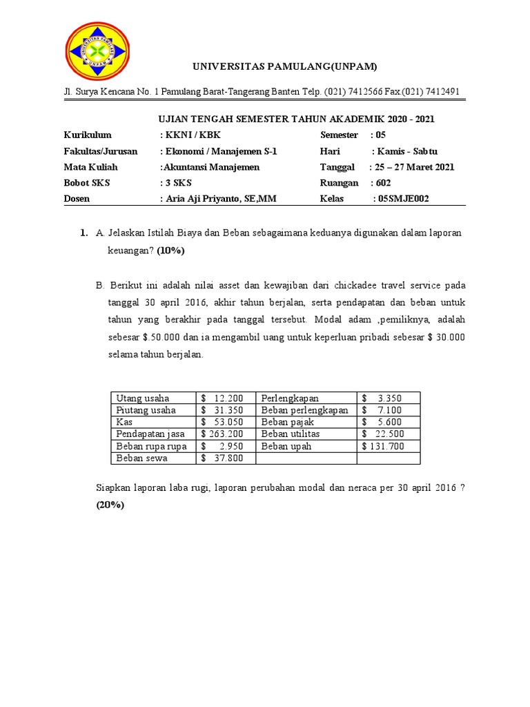 Soal UTS Akmen 2020-2021 | PDF