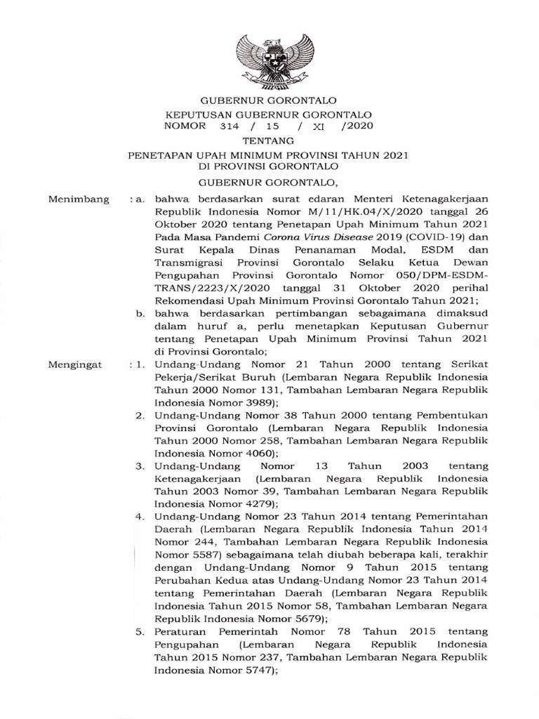 SK NO. 314 Tentang Upah Minimum | PDF