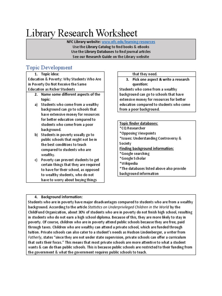 Library Research Worksheet | PDF | Libraries | Poverty