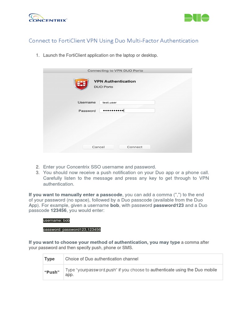 Connect To Forticlient VPN Using Duo Multi-Factor Authentication | PDF