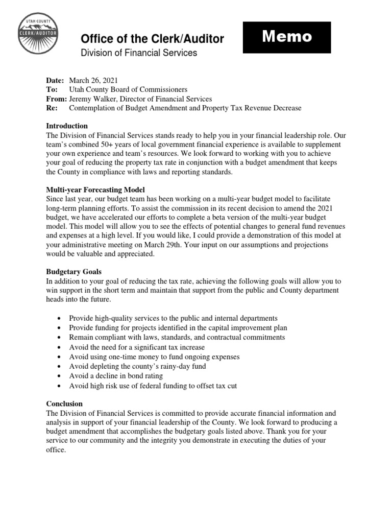 Memo - Proposed Budget Ammendment and Tax Revenue Decrease | PDF ...
