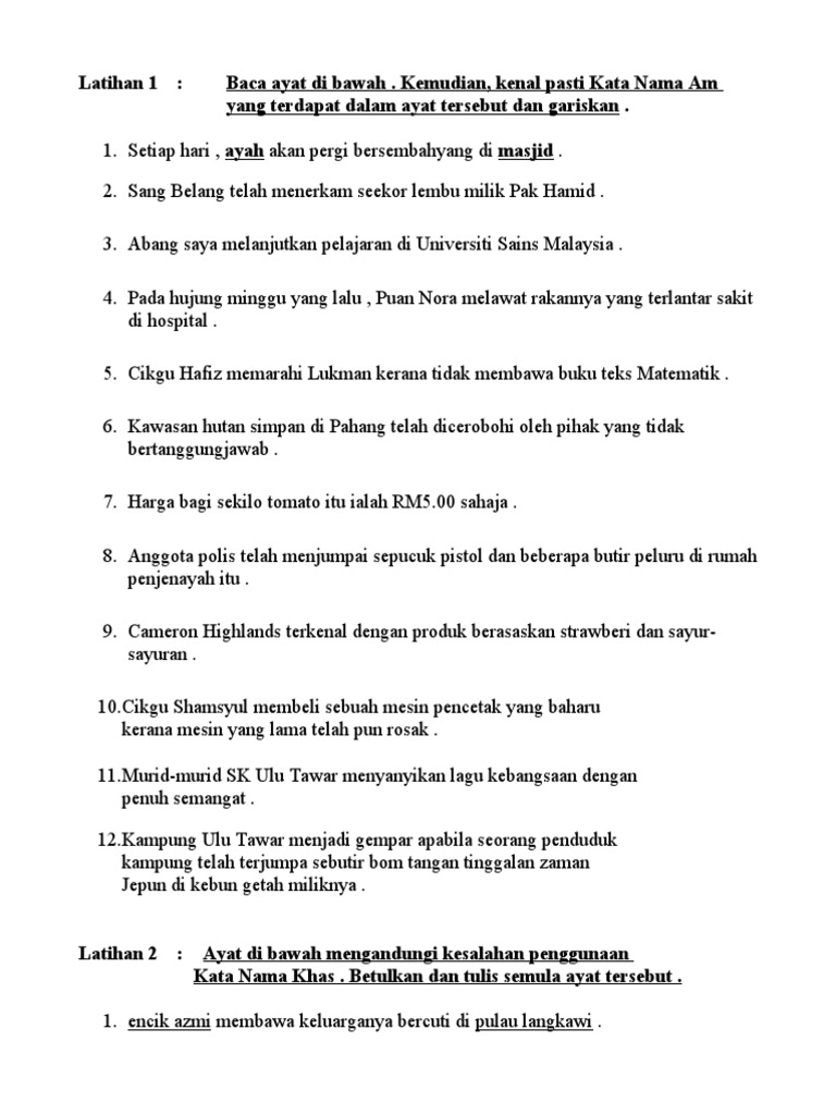 Latihan Kata Nama Am Dan Kata Nama Khas | PDF