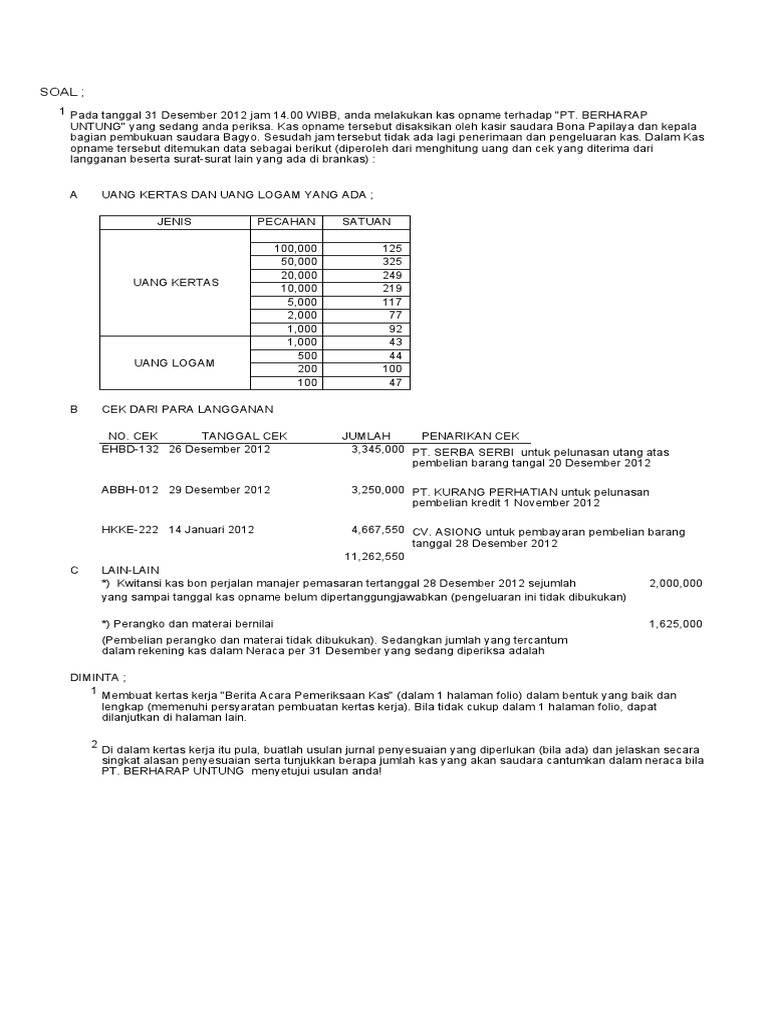 Prosedur dan Laporan Cash Opname Audit | PDF | Pengelolaan Keuangan & Uang