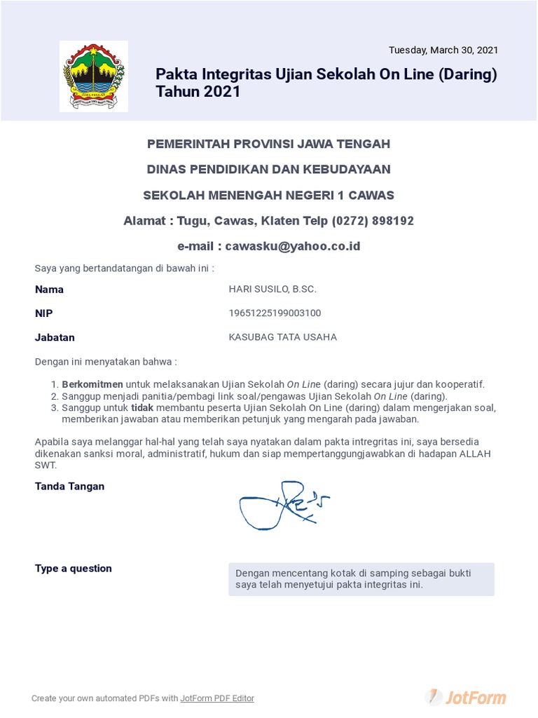 Pakta Integritas Panitia Us Daring | PDF