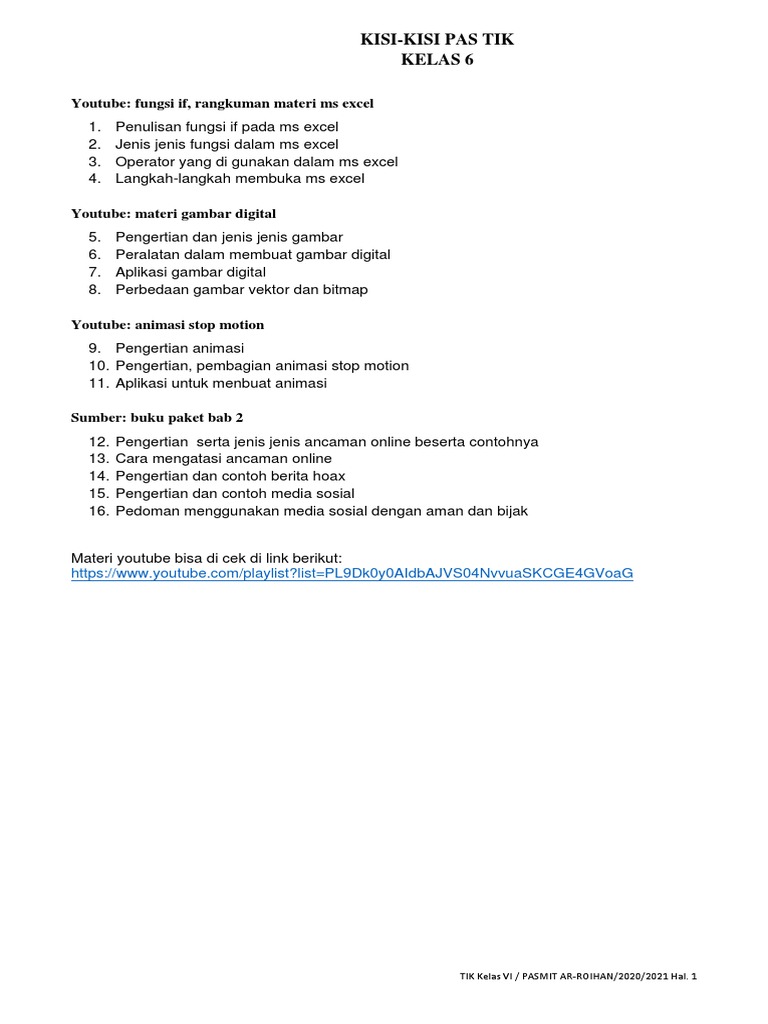 Kisi Kisi Tik Kelas 6 Ujian | PDF