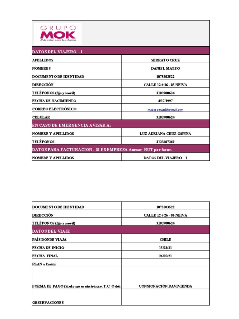 Formato Emision Asistencia M O K Travel Assist | PDF