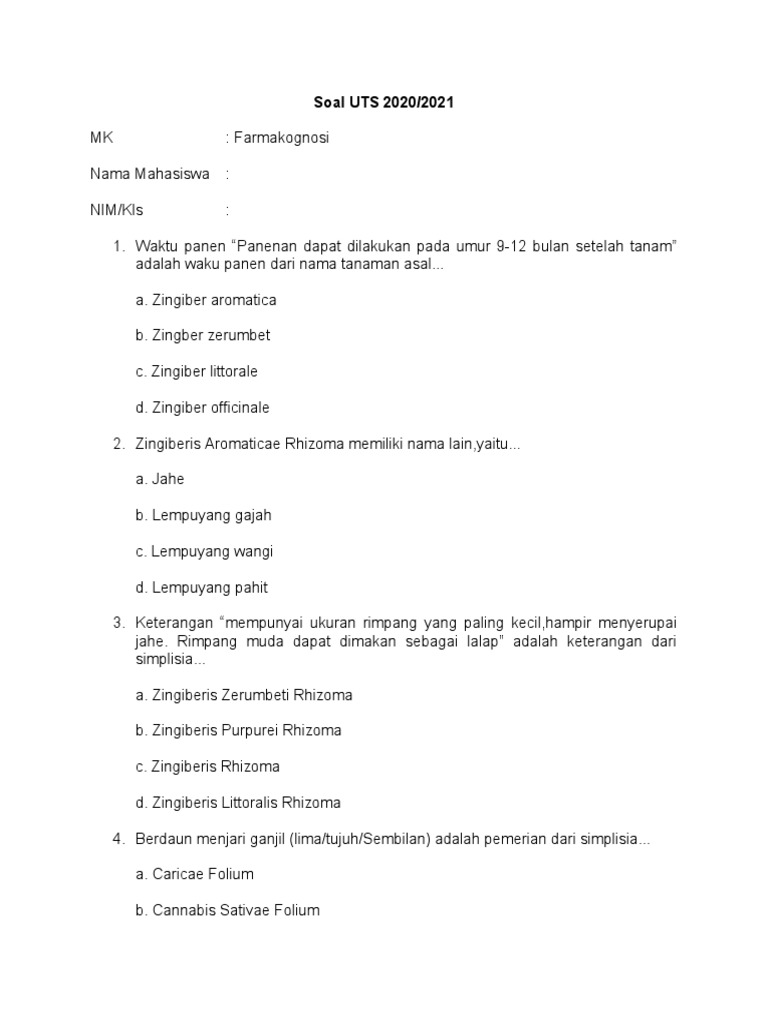 Soal UTS Farmakognosi 2020/2021 | PDF | Sains & Matematika