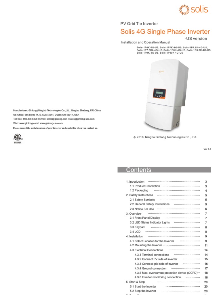 Solis 4G Single Phase Inverter: PV Grid Tie Inverter - US Version | PDF ...