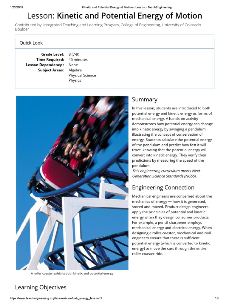 Kinetic and Potential Energy of Motion - Lesson - TeachEngineering ...