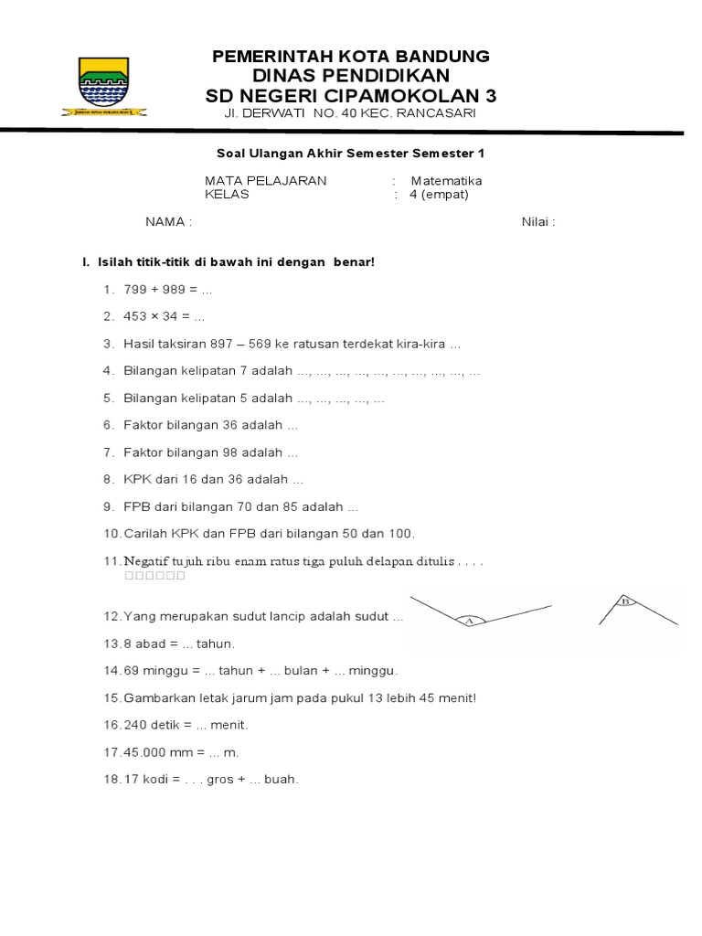 Soal Uas Matematika Kelas 4 SMTR 1 | PDF
