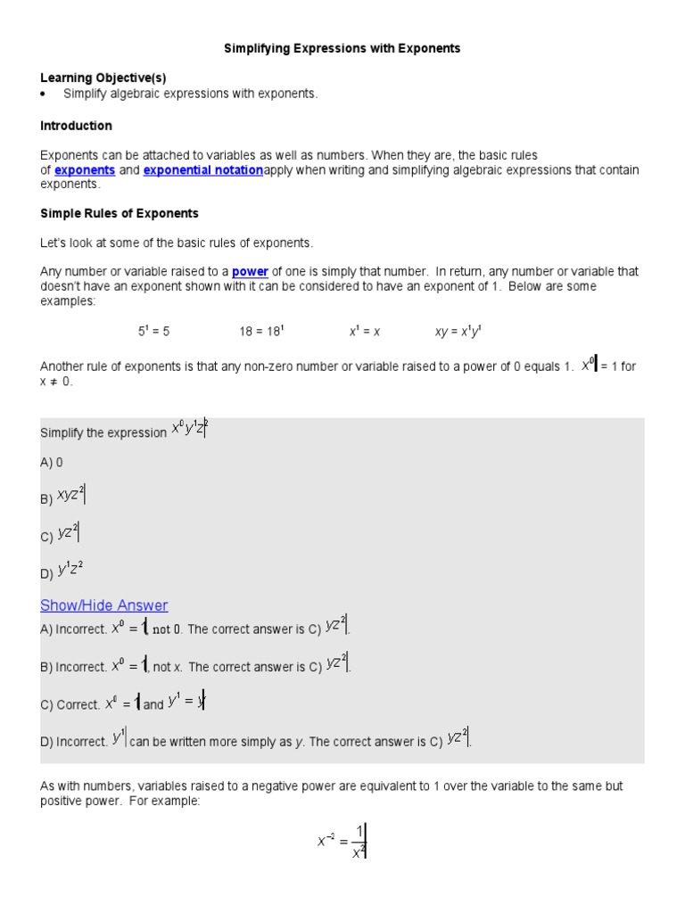 Simplifying Expressions With Exponents | PDF | Exponentiation ...