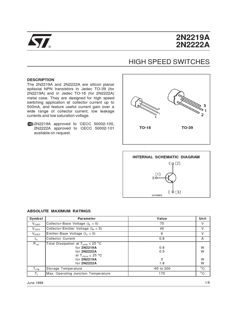 2N2219A 2N2222A: High Speed Switches | PDF | Bipolar Junction ...