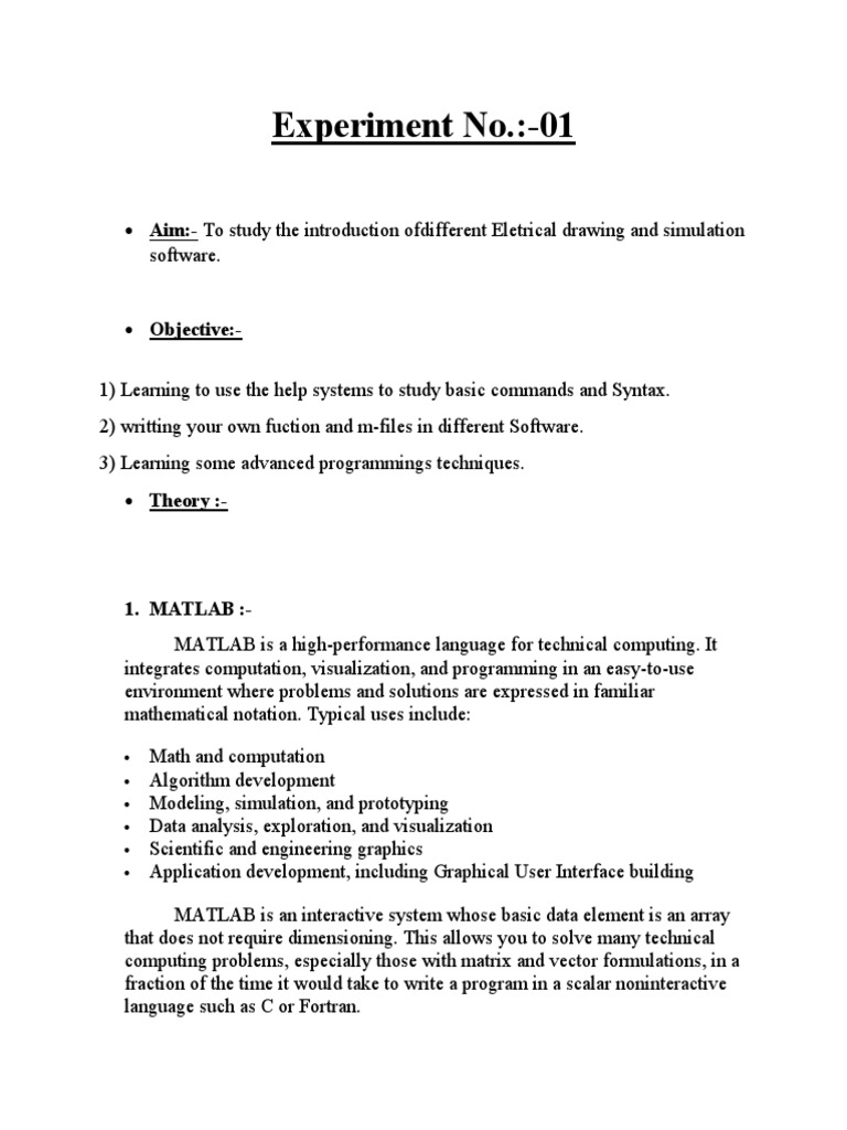 Experiment No.:-01: 1. Matlab | PDF | Auto Cad | Matlab