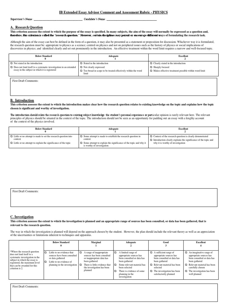 IB Extended Essay Advisor Comment and Assessment Rubric - PHYSICS | PDF ...