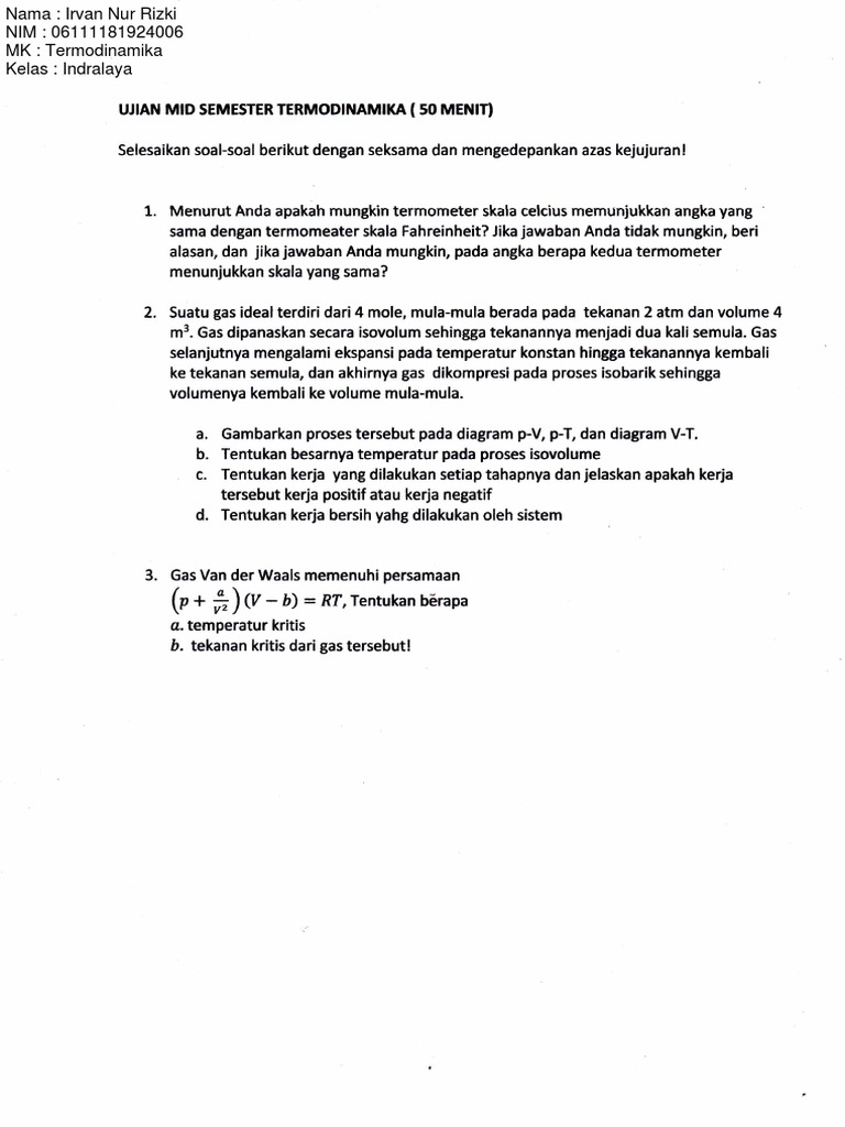 UTS Termodinamika - IRVAN NUR RIZKI | PDF | Metode & Bahan Ajar