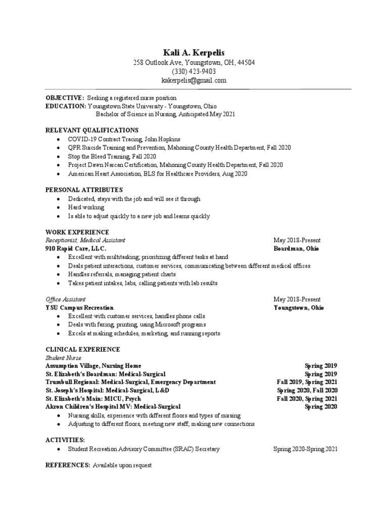 Resume For Kali Kerpelis | PDF | Youngstown | Nursing