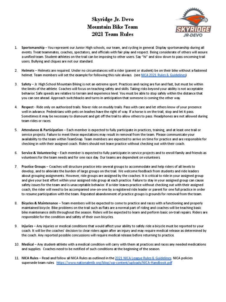 2021 Team Rules-Skyridge-Jr-Devo | PDF | Trail | Mountain Biking