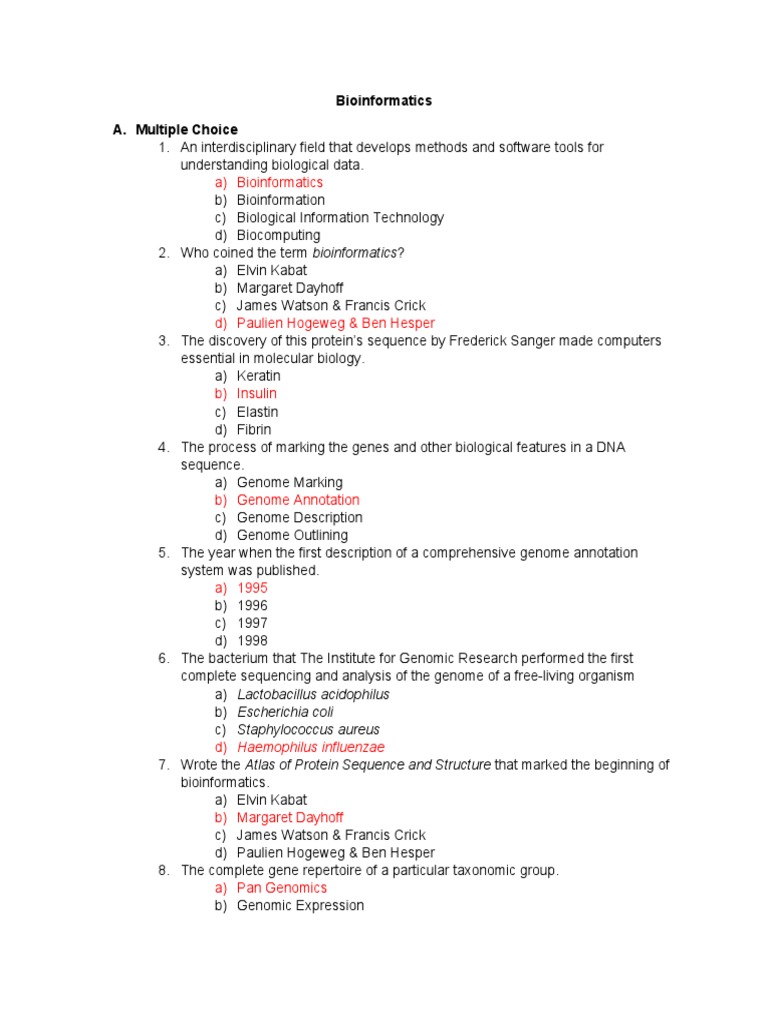Bioinformatics A. Multiple Choice | PDF | Bioinformatics | Dna Sequencing