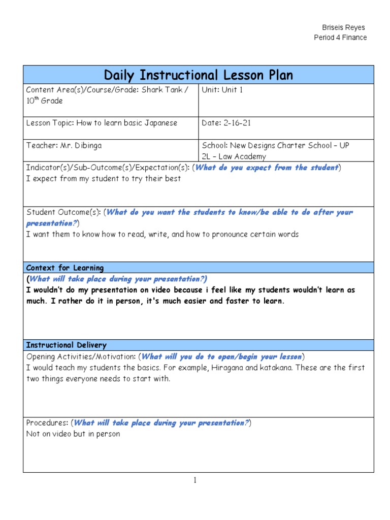 Student Lesson Plan Template | PDF